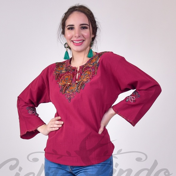 Cielito Lindo | Tops | New Handmade Beaded Boho Blouse Floral Sequined ...